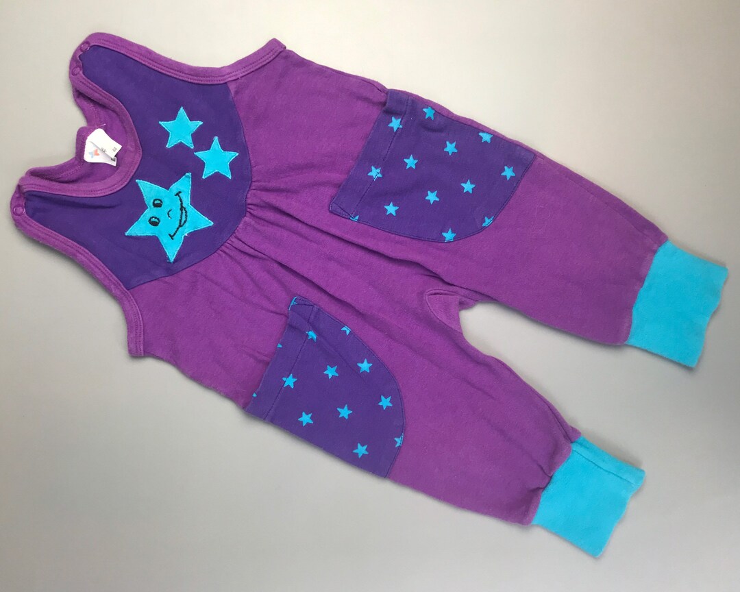Vintage Baby Overalls Bright Purple Green Boy Girl 6-9 Months Dungarees ...