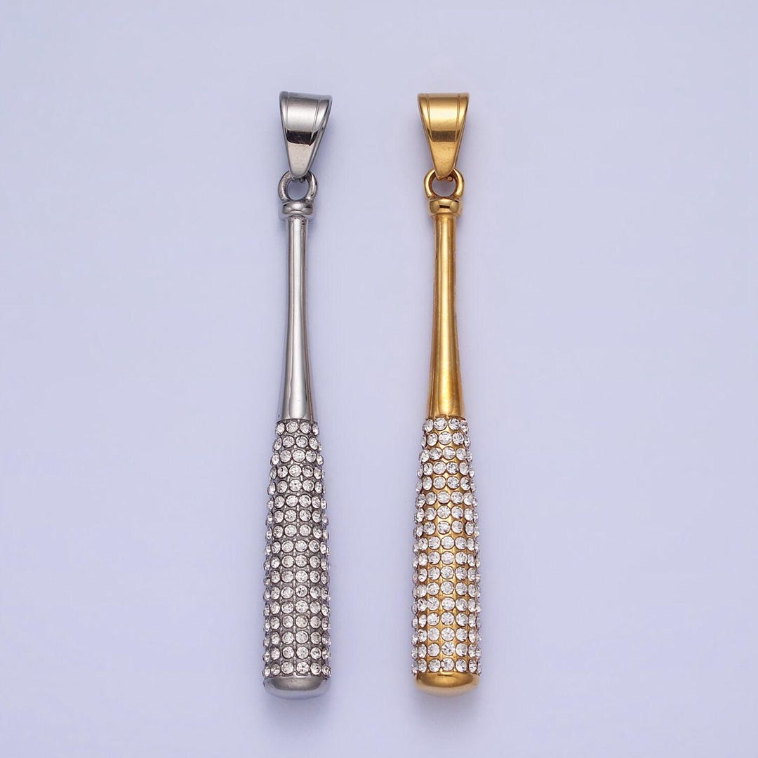 Stainless Steel Baseball Bat Pendant Micro Pave Gold Baseball Charms 3d ...