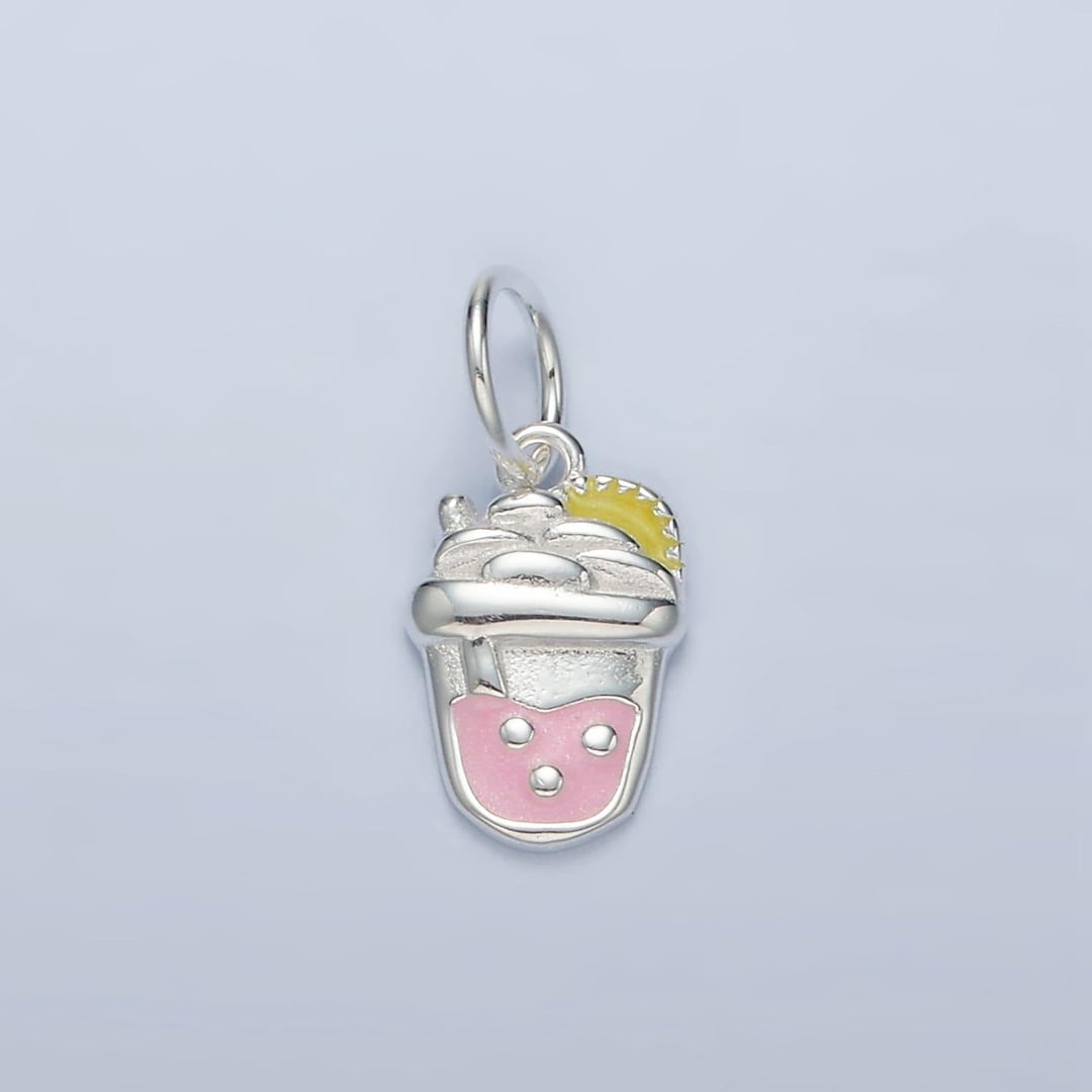 Sterling Silver Bubble Boba Drink Pink Enamel Charm Strawberry Milk Tea ...