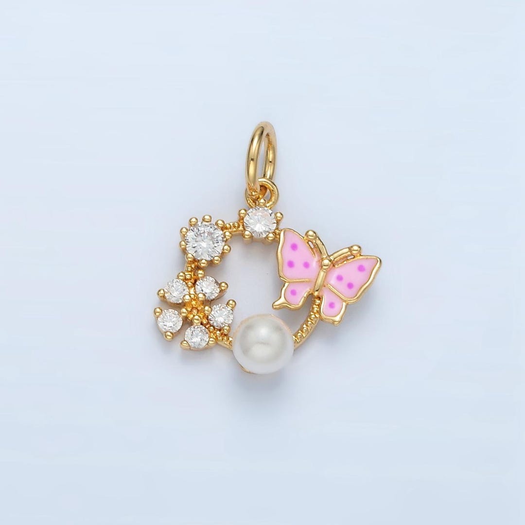 14k Gold Filled Pink Enamel Butterfly, Ez Flower on Round Open Charm ...