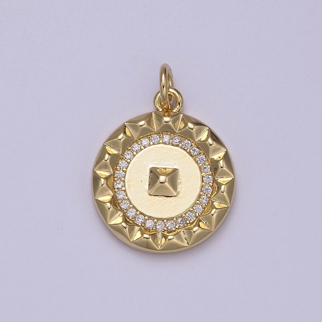 Dainty Gold CZ Paved Circular Medallion With Pyramid Center Small ...