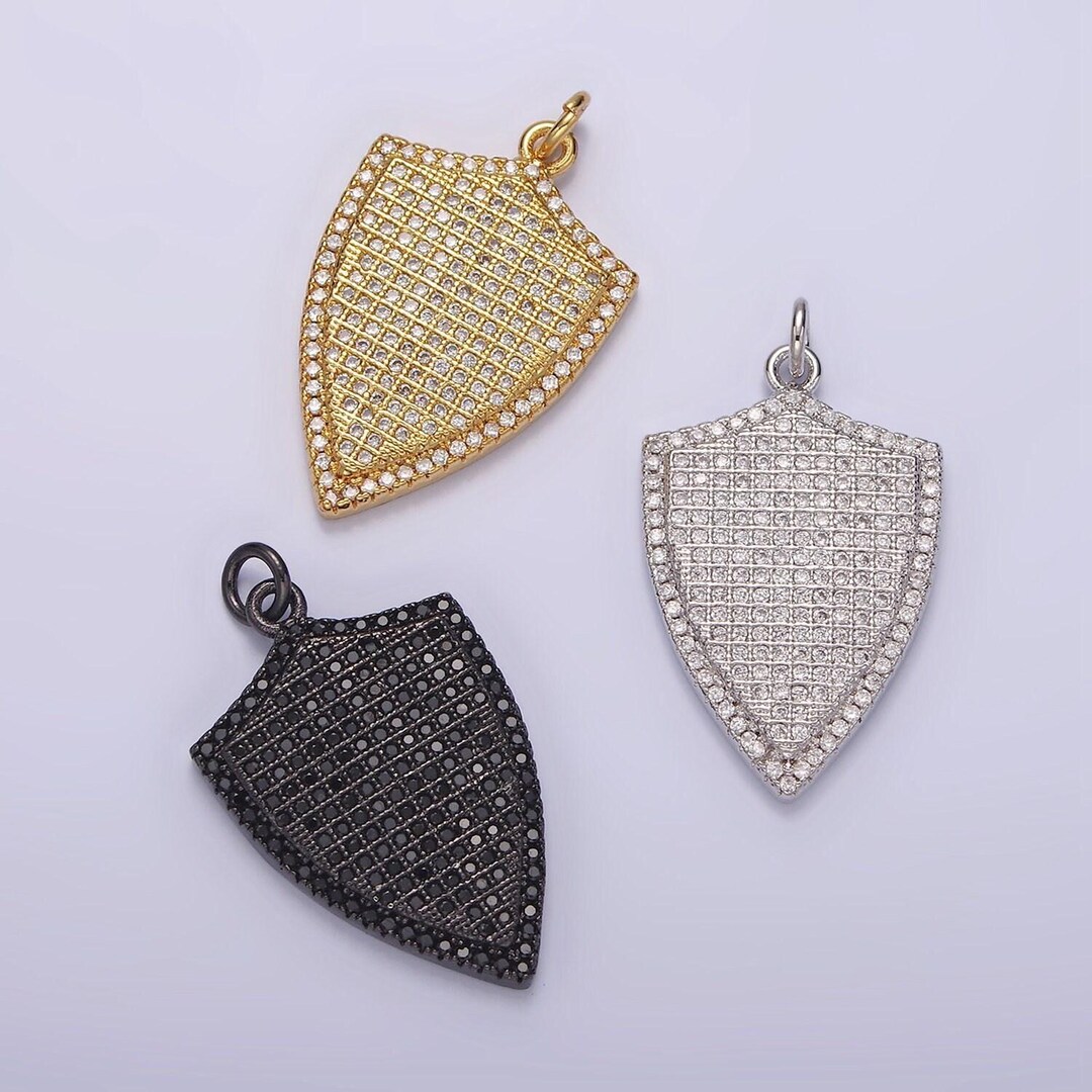 14k Gold Filled 30mm Micro Paved Cz Shield Charm in Silver, Gold, Black ...