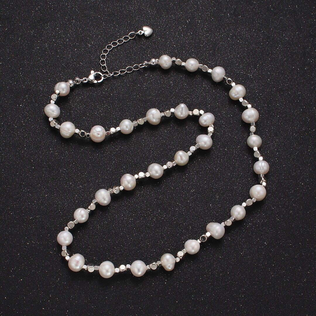 Handmade 8 5mm Natural Freshwater Pearl Necklace Silver Beaded Chain