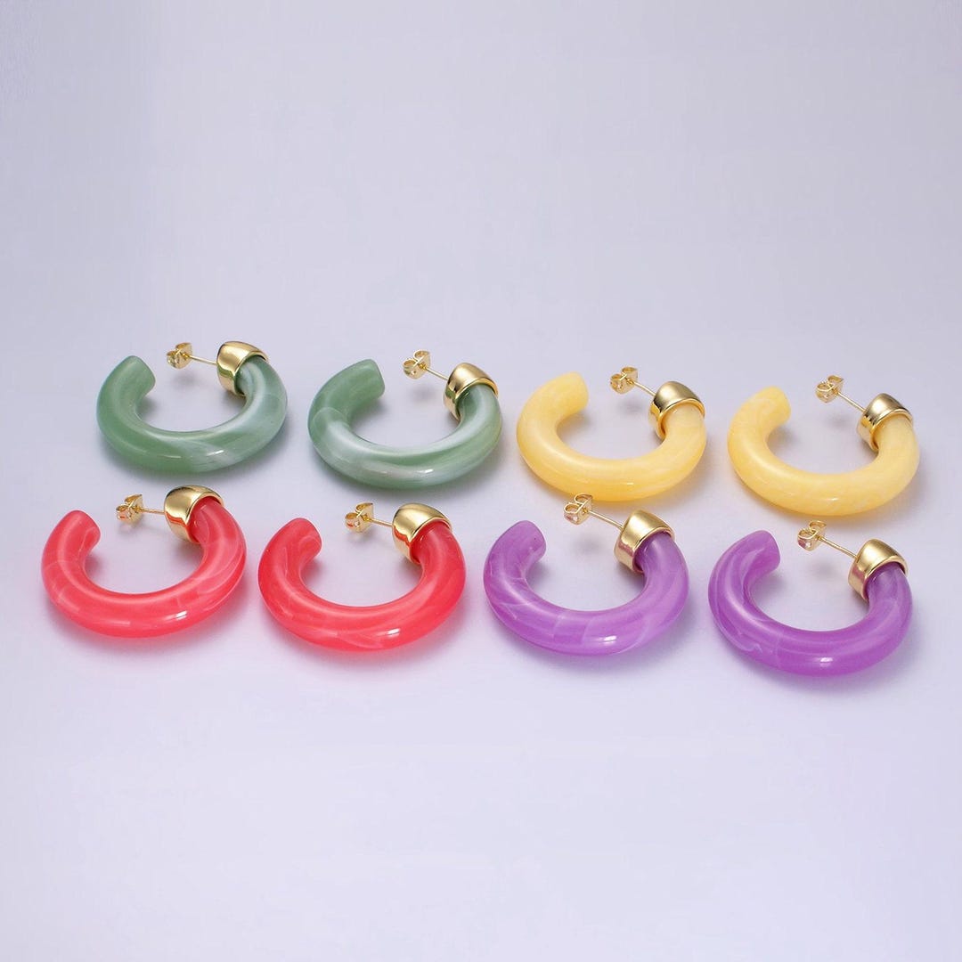 Neon Marble Acrylic Resin Geometric Earrings Hoop for Women Chunky C ...