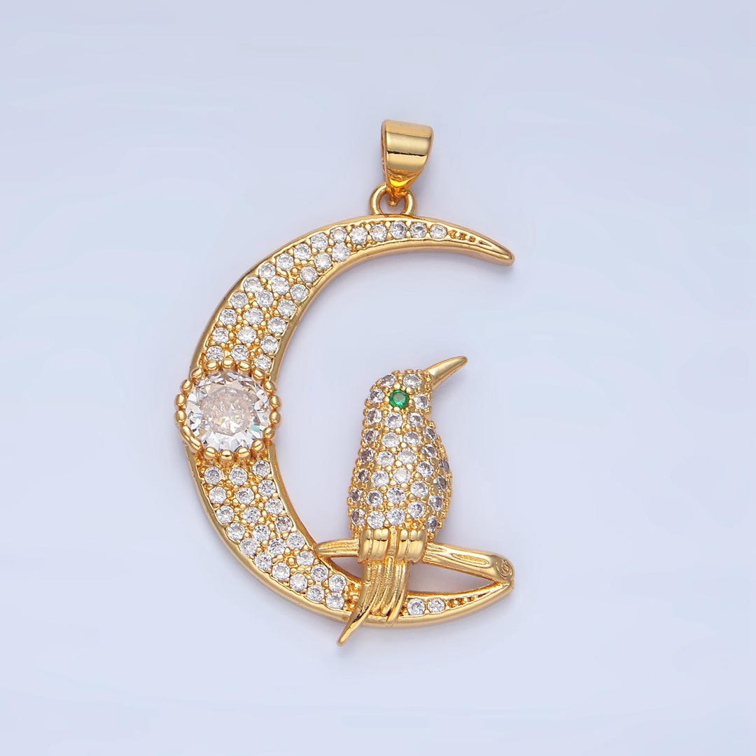 Micro Paved CZ Crescent Moon + Bird 24K Gold Filled Celestial Pendant ...