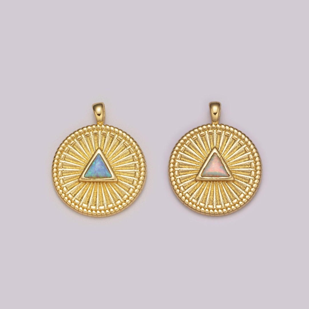 Gold Medallion Charm, Opal Triangle Coin Charm Sunburst Geometric ...