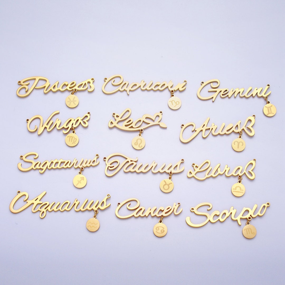 Gold Cursive Font Zodiac Charms Connector for Necklace Bracelet Link ...