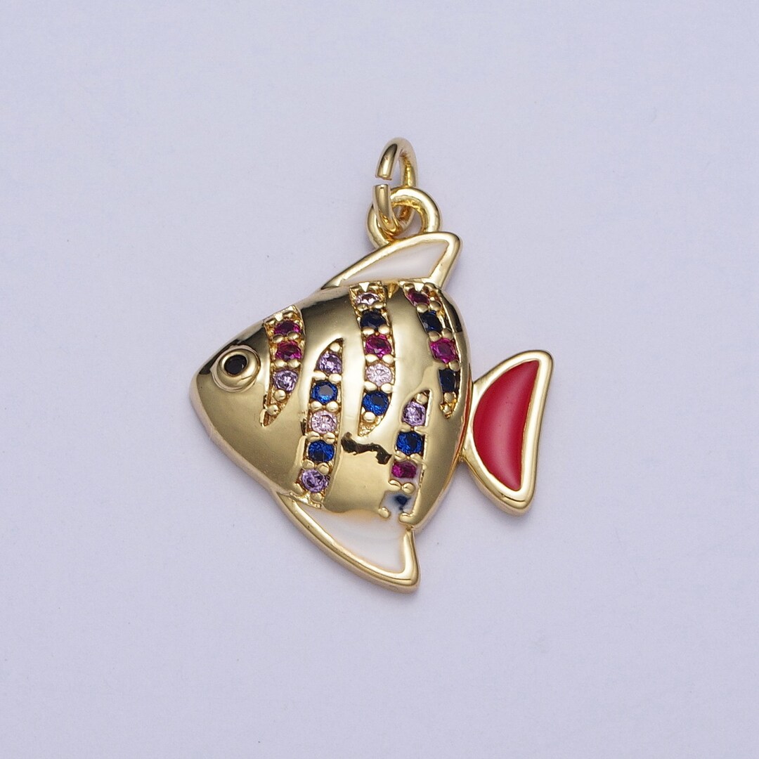 Dainty Gold Angelfish Pendant, 24K Gold Plated Red Enamel Colored Micro ...