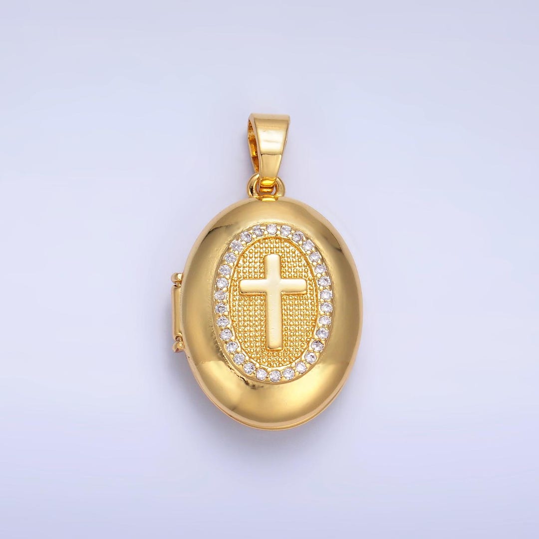 24k Gold Filled Cross Design Oval Locket Micro Pave Cz Pendant ...