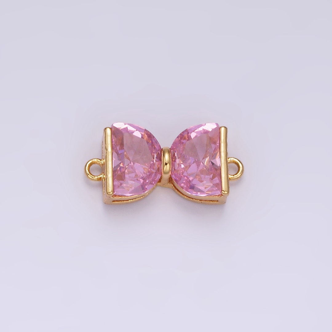Mini 14K Gold Filled Pink Bow Charm, Gold Bow Link Connector Ribbon Cz ...