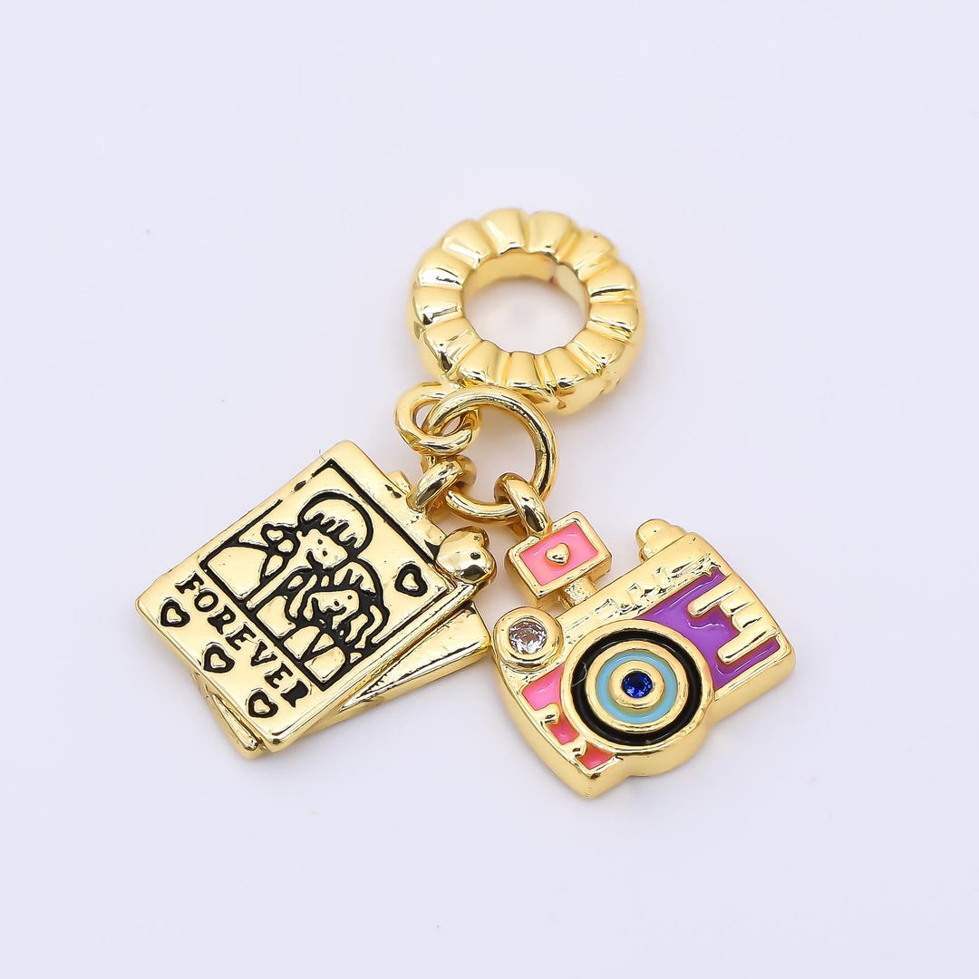 24K Gold Filled Vintage Instant Film Camera Enamel Heart Rondelle Drop ...
