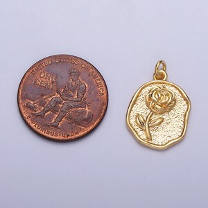 Dainty Gold Rose Charm Flower Rustic Coin Frame Shape Pendant Floral ...