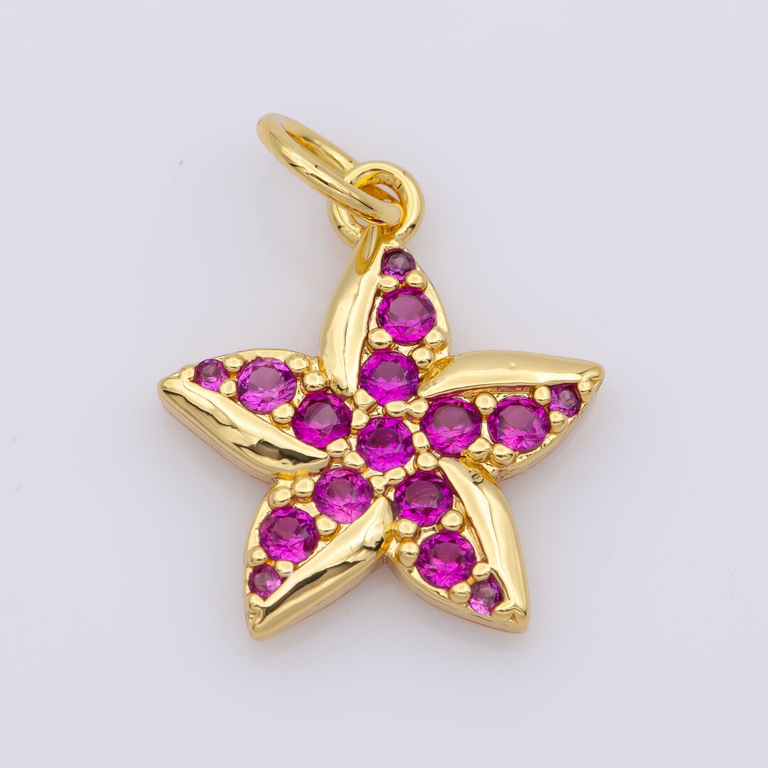 26K Gold Filled Pink Flower Pendant Hot Pink Star Micro Paved CZ Charm ...
