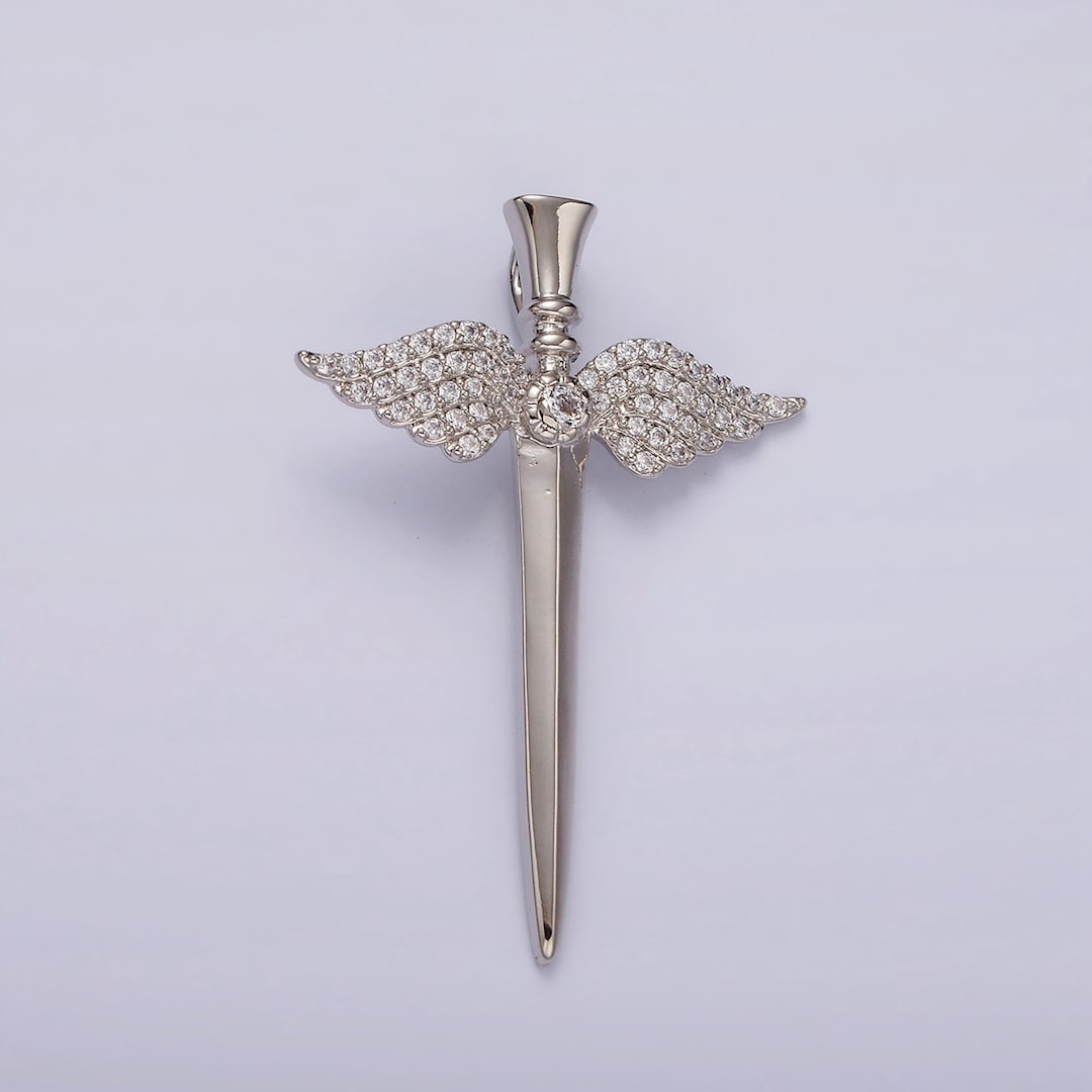 Angel Wing Sword Necklace Pendant Cubic Zirconia Silver Sword Charm ...