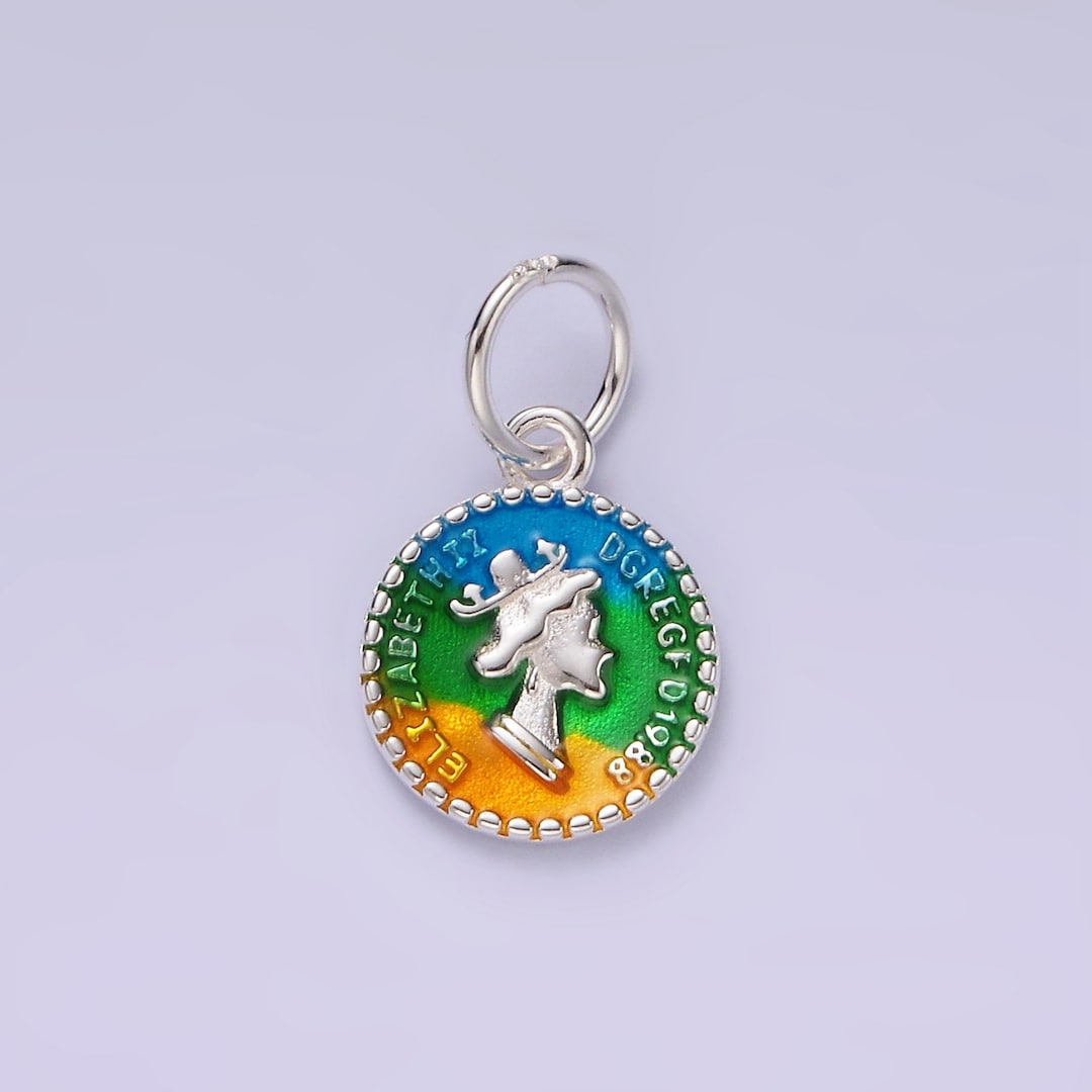 Mini Silver Coin Charm Enamel Colorful S925 Coin Pendant UK Coin Queen ...