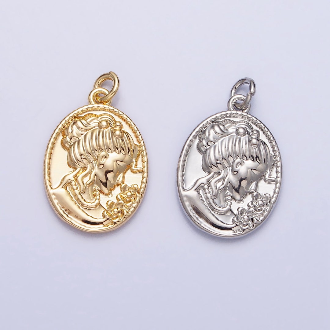 Princess Lady Coin Pendant 16K Gold Filled Charm Earrings Oval Coin ...