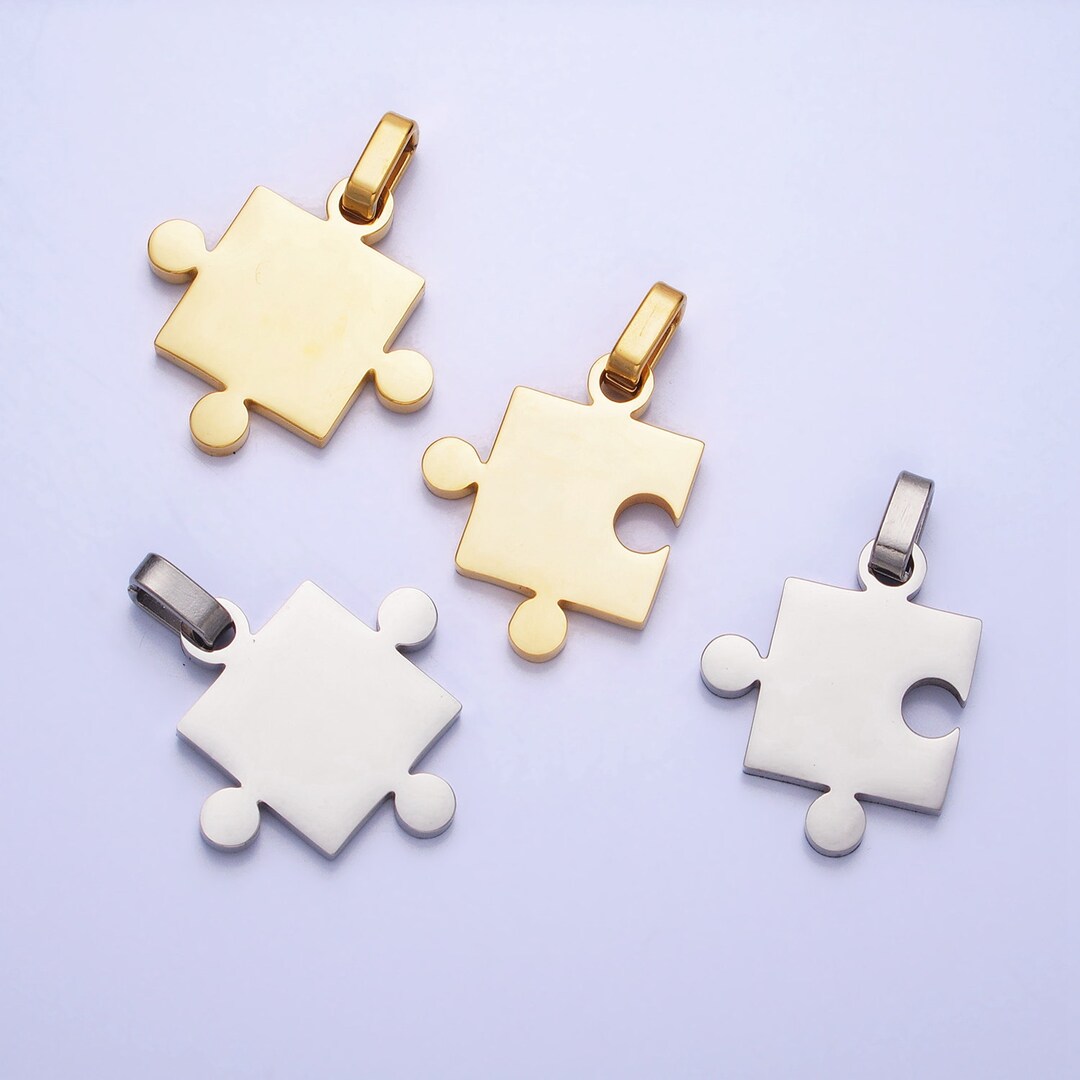 Stainless Steel Two Puzzle Pieces Pendant in Silver & Gold Autism ...