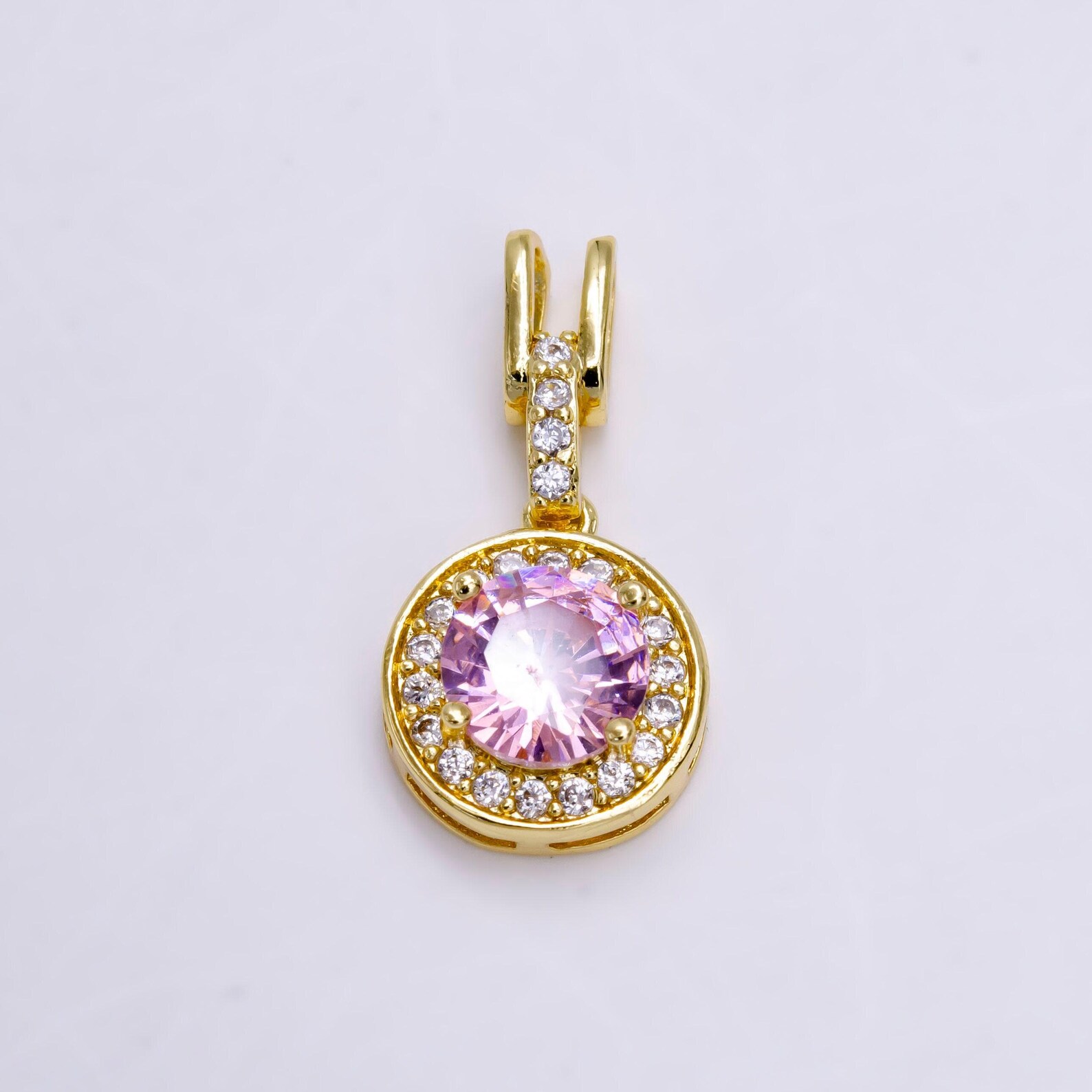 14k Gold Filled Clear, Pink, Green Round Cz Micro Paved Bail Pendant ...