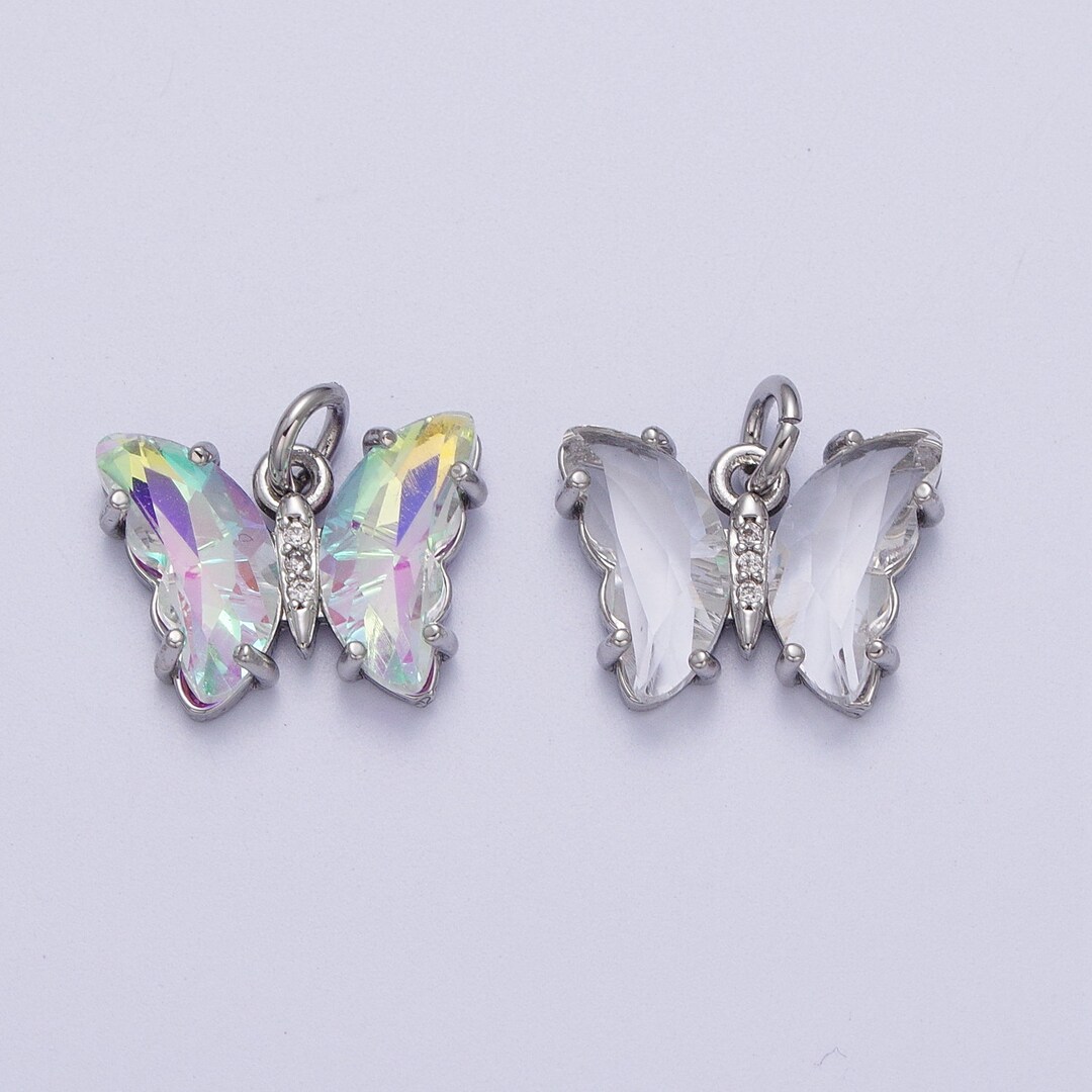 Silver Clear / Iridescent AB Color Butterfly Charm Arcylic Crystal Monarch Pendant Add on Charm ...