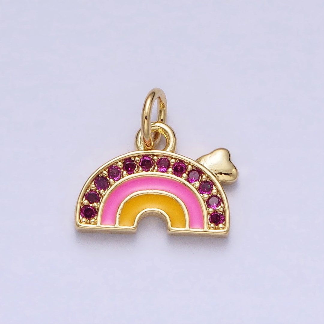 Enamel Kawaii Mini Gold Rainbow Charm Fuchsia Cz Stone Rainbow Pendant ...