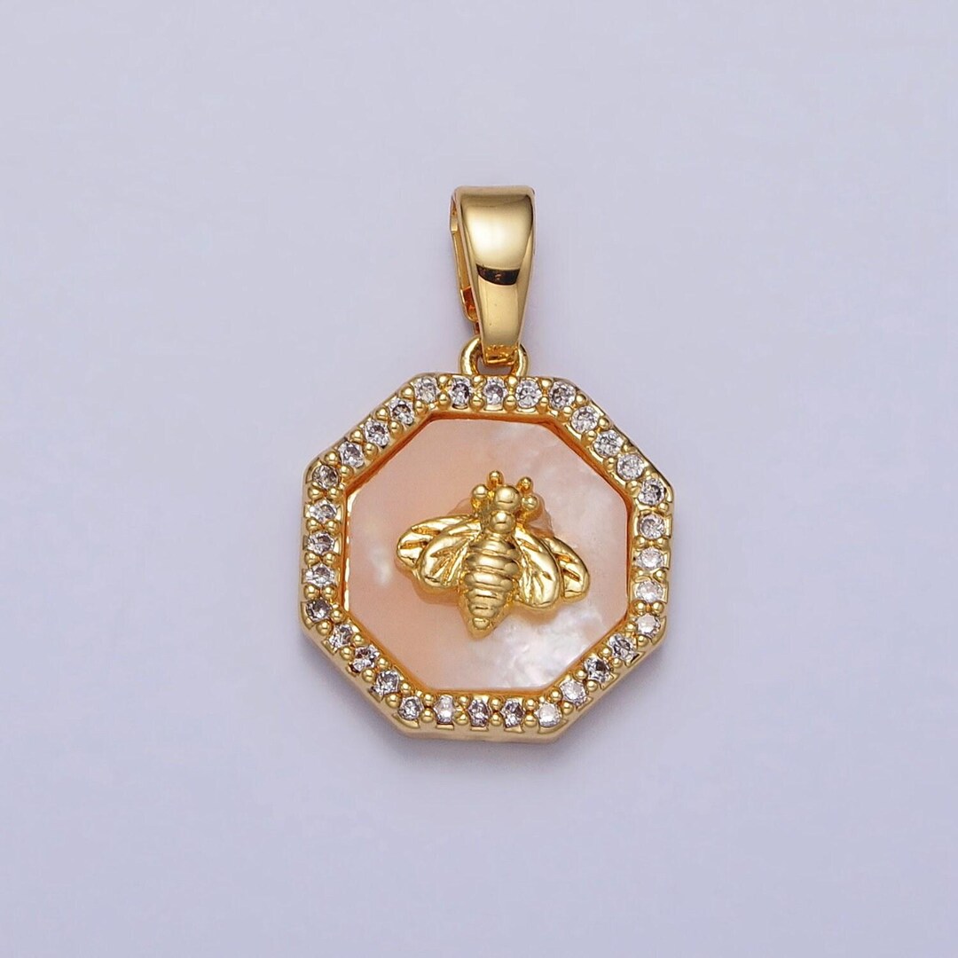 Gold Bee Charm Pink Shell Pearl Octagon Pendant Geometric Animal Insect ...
