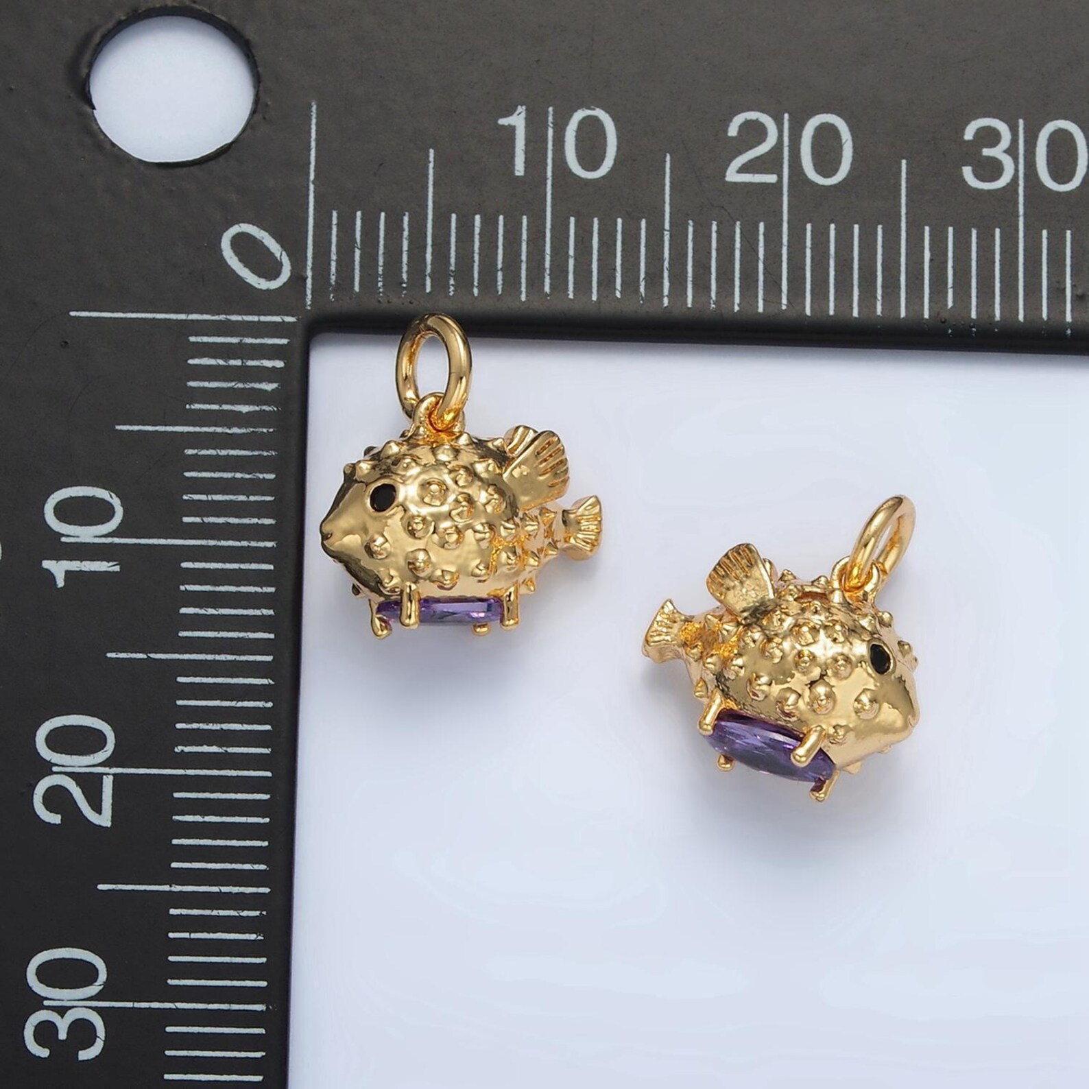 24k Gold Filled 10mm Puffer Gold Fish Charm With Purple Cz Stone Under ...