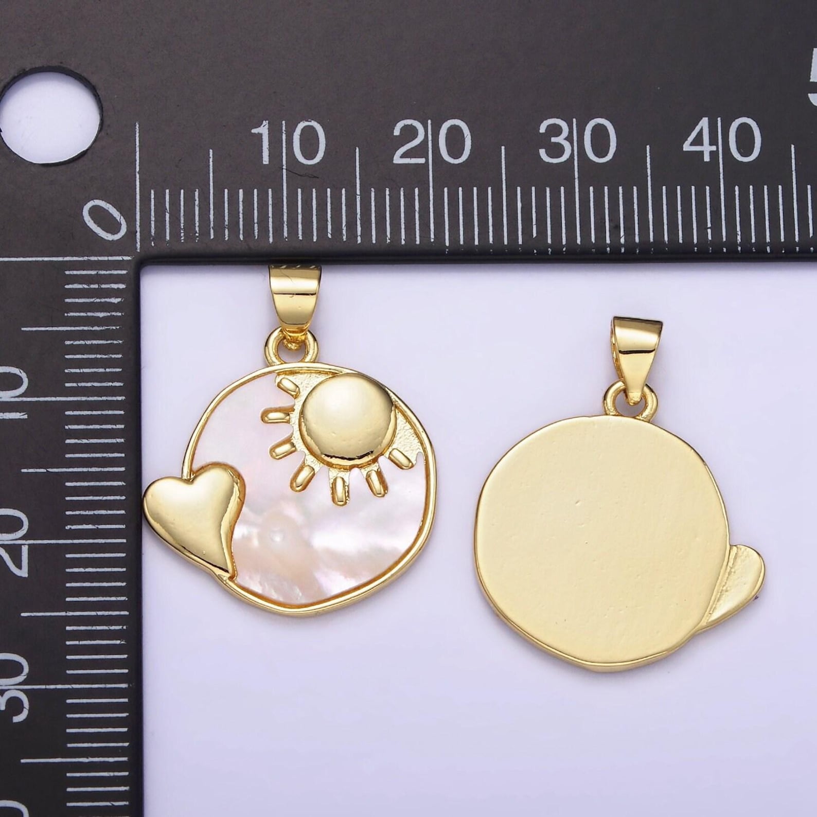 24k Gold Filled Pearl Sun Heart Round Disc Coin Charm Celestial Love ...