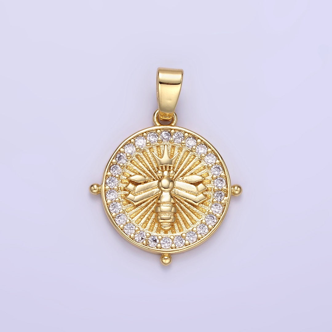 Gold Bee Charm Fly CZ Charm Pendant Circle Charm, Round Disc, Gold Coin ...