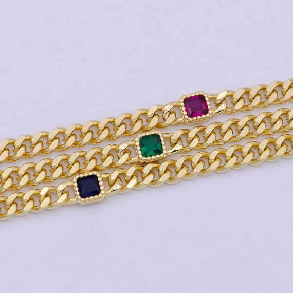 24K Gold Filled Flat Curb Chain With Cubic Zirconia CZ Square - Etsy