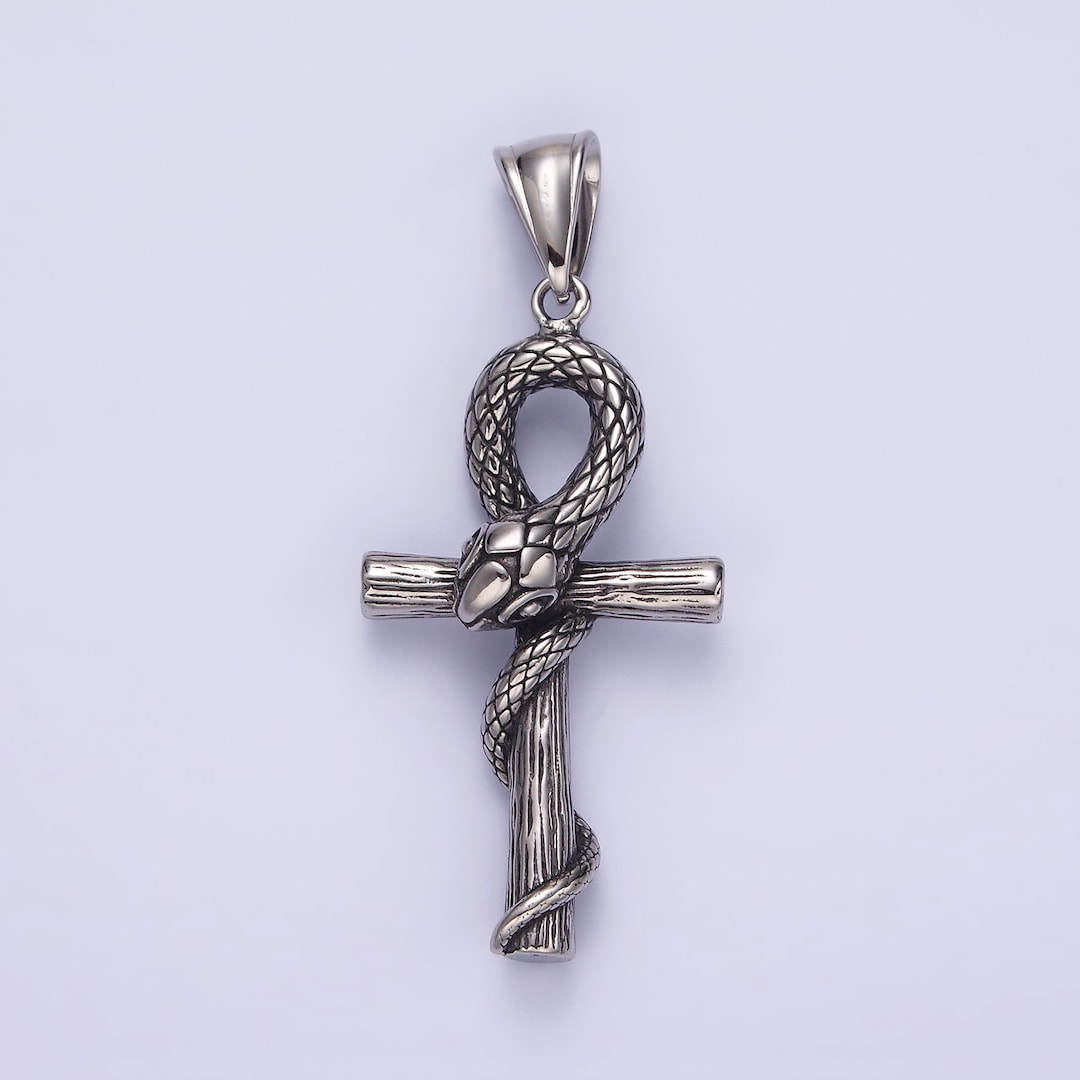 Stainless Steel 50mm Snake Wood-textured Egyptian Ankh Cross Pendant ...