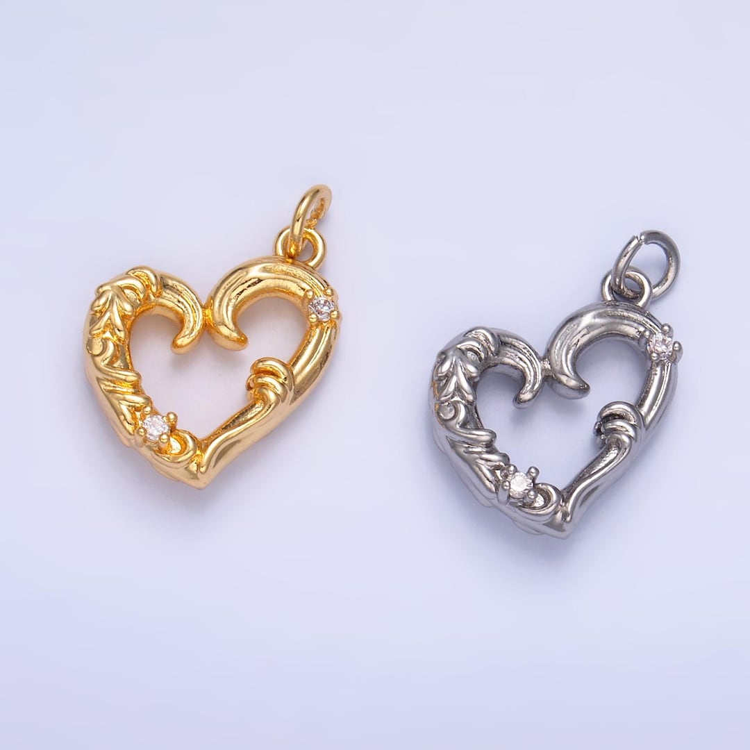 Dainty 24k Gold Filled Open Heart Charms, Silver Vine Heart Charm for ...