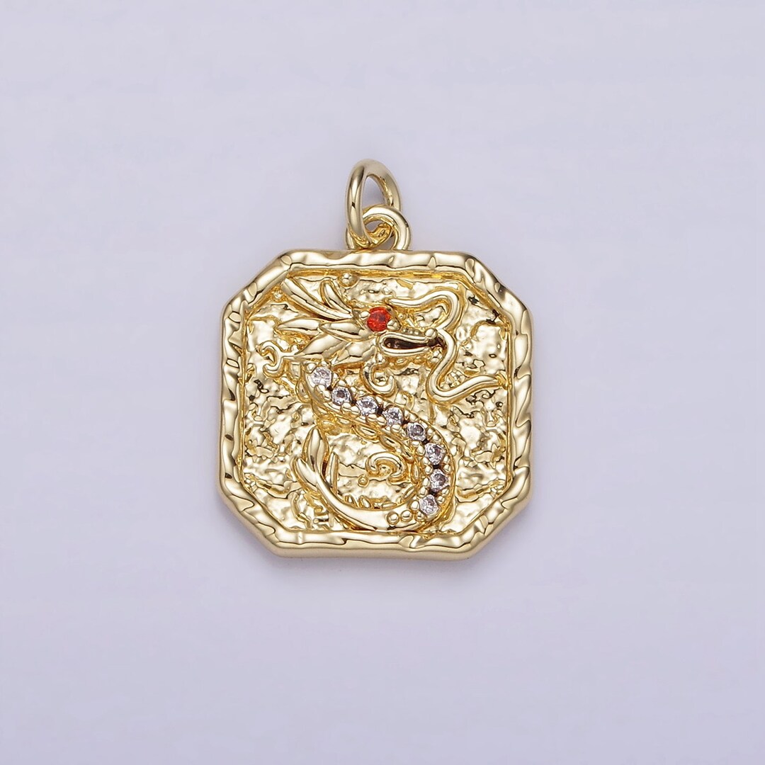 Dainty Tag Dragon Charm CZ Pave 14K Gold Filled Rustic Zodiac Animal ...