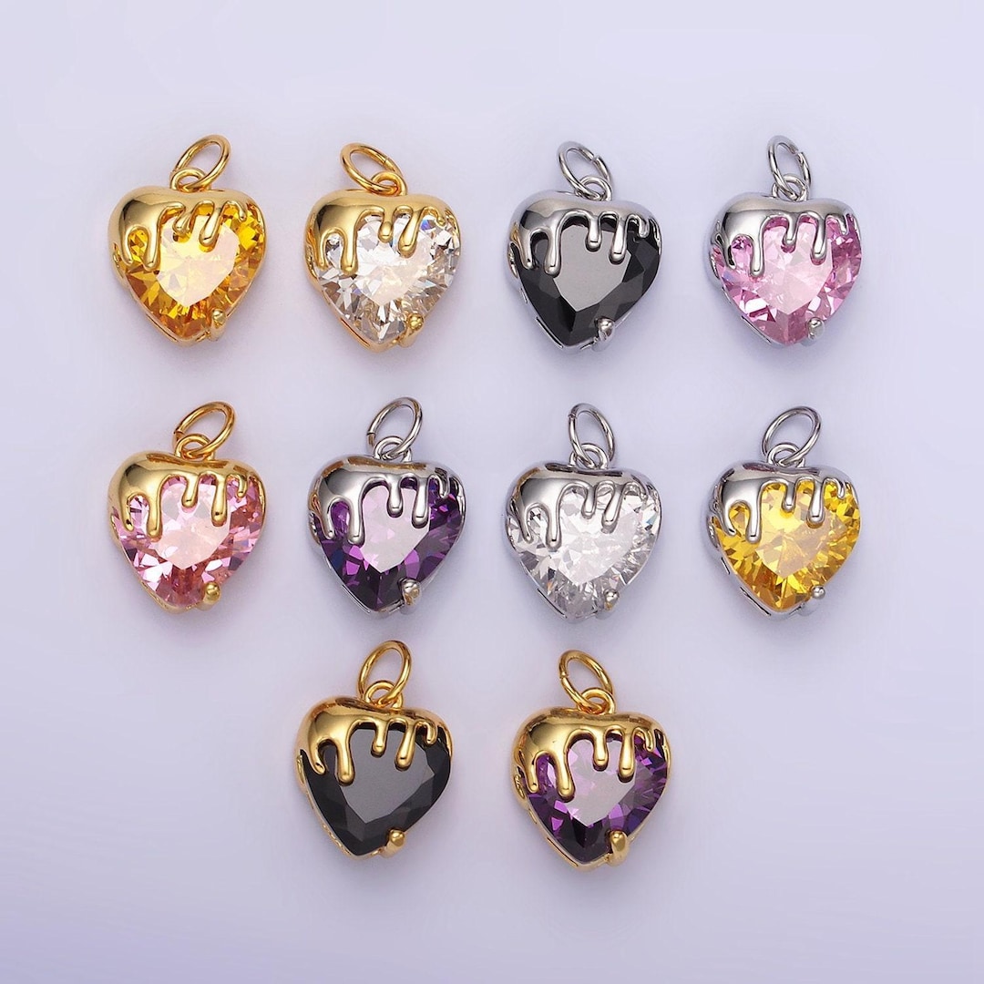 14k Gold Filled Clear, Pink, Purple, Yellow. Black Heart Cz Molten Drip ...