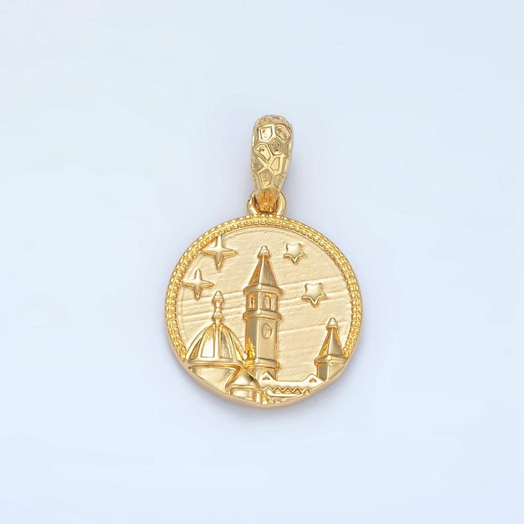 Mini Gold Round Coin Charm With Castle Star Panoramic Pendant I527 - Etsy