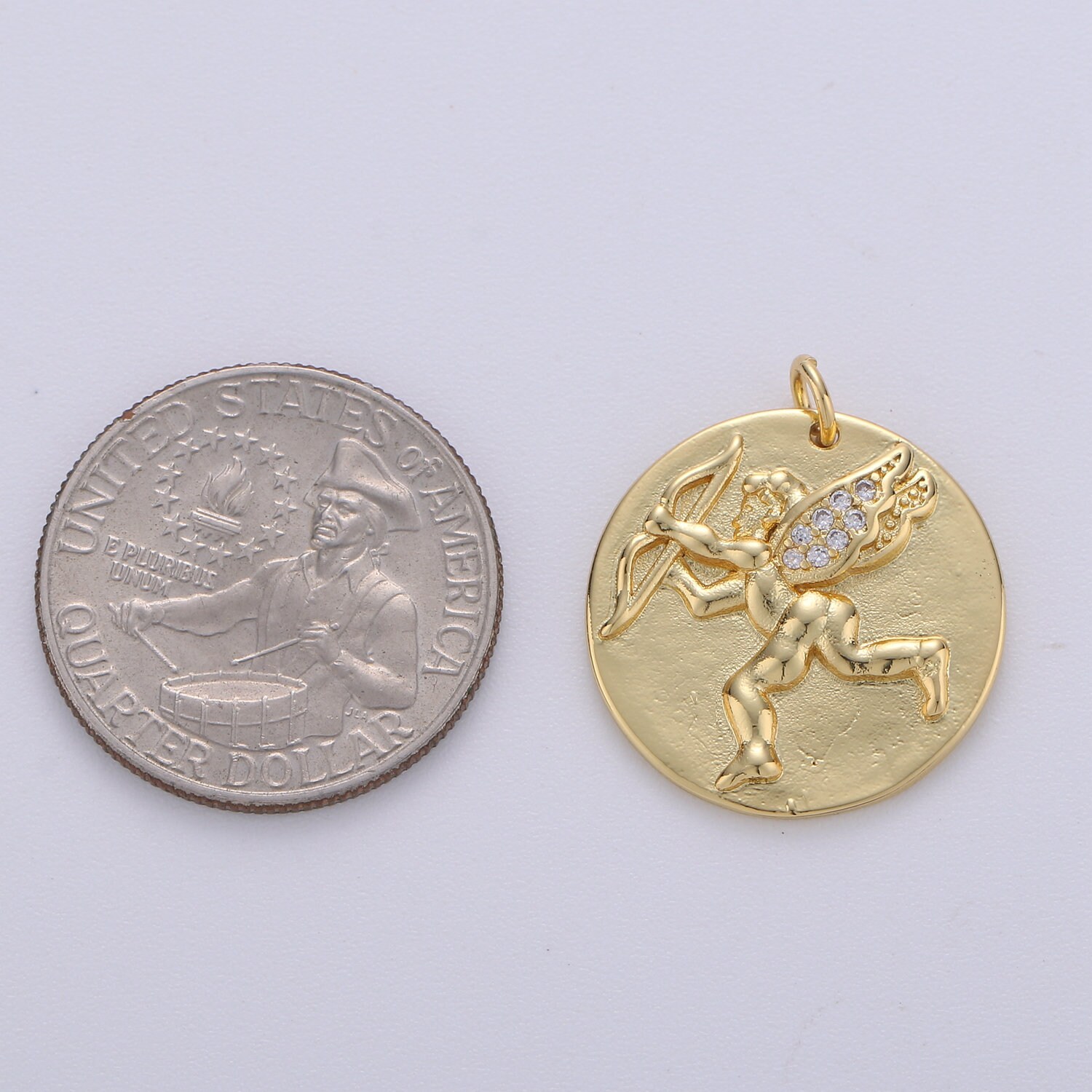 14K Gold Cupid Charm- Medallion Cupid Pendant - Dainty Micro Pave Charm ...