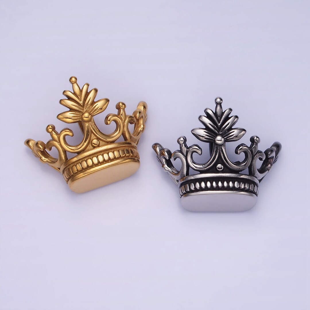 Stainless Steel 30mm Leaf Royal Crown Back Loop Pendant in Gold ...