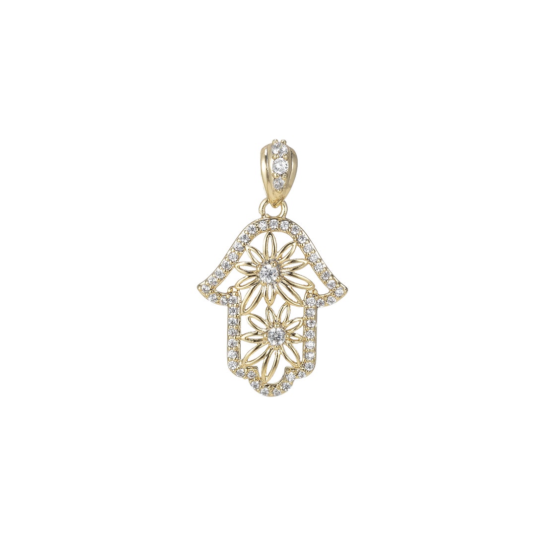 14k Gold Filled Hamsa Hand Pendant Flower Floral Cubic Hamsa Hand Charm ...