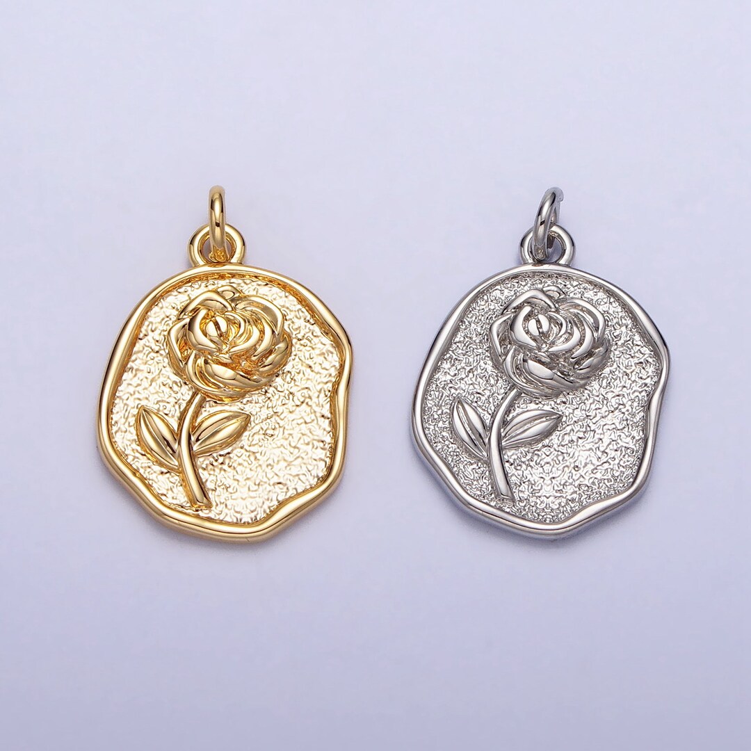 Dainty Gold Rose Charm Flower Rustic Coin Frame Shape Pendant Floral ...