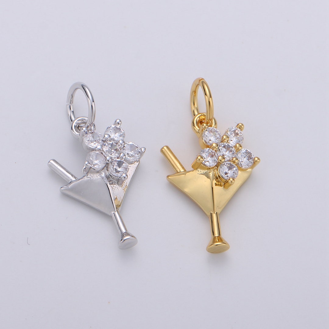 1x Gold CZ Martini Charm With Cz Charm, Cubic Gold Drink Glass With ...