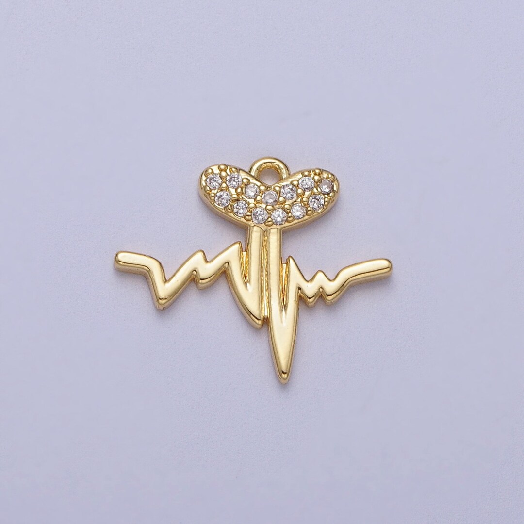 Heartbeat Pulse Gold Charm 24k Gold Plated Over Brass Electrocardiogram ...