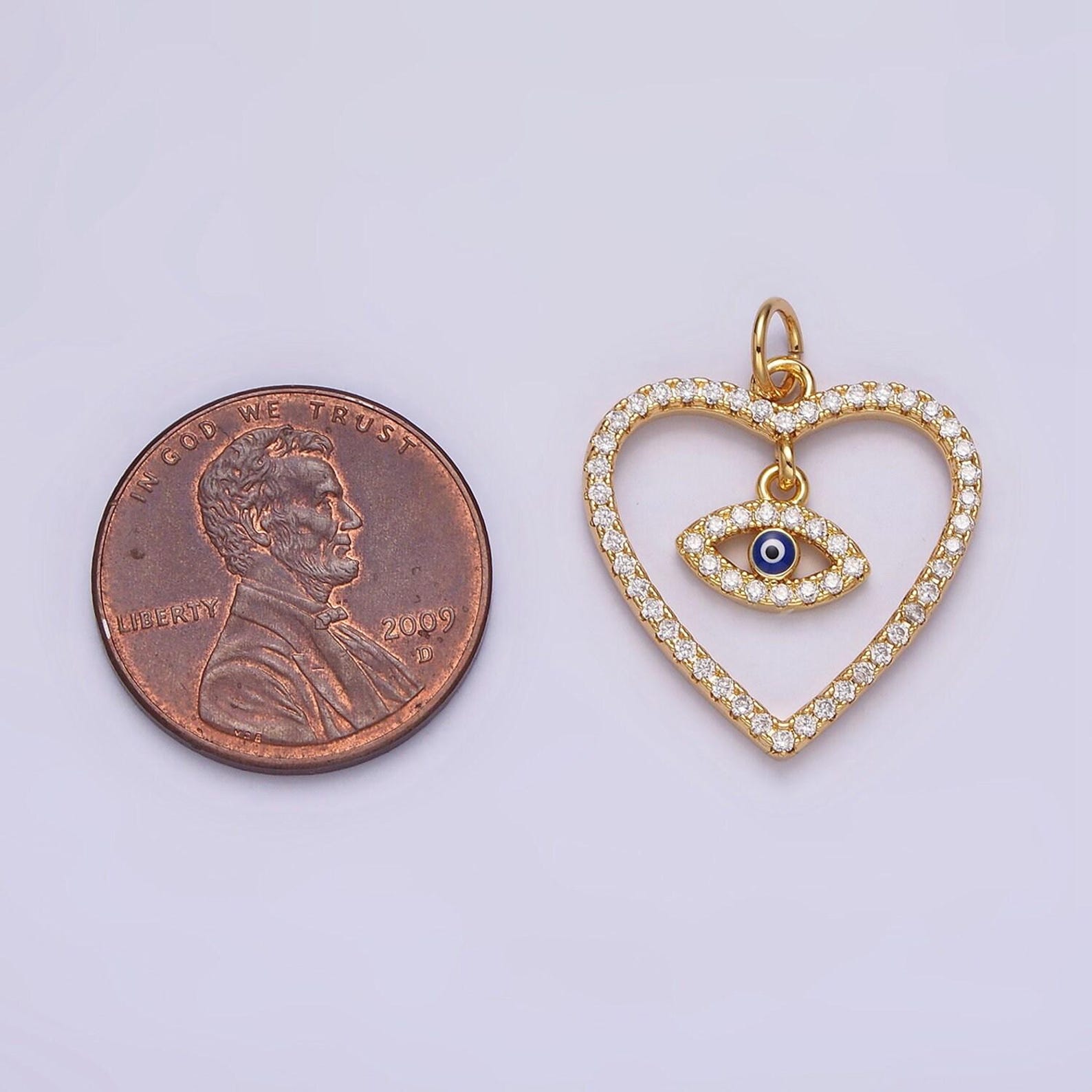 14k Gold Filled Evil Eye Charm Micro Pave Heart With Small Dangle Evil ...