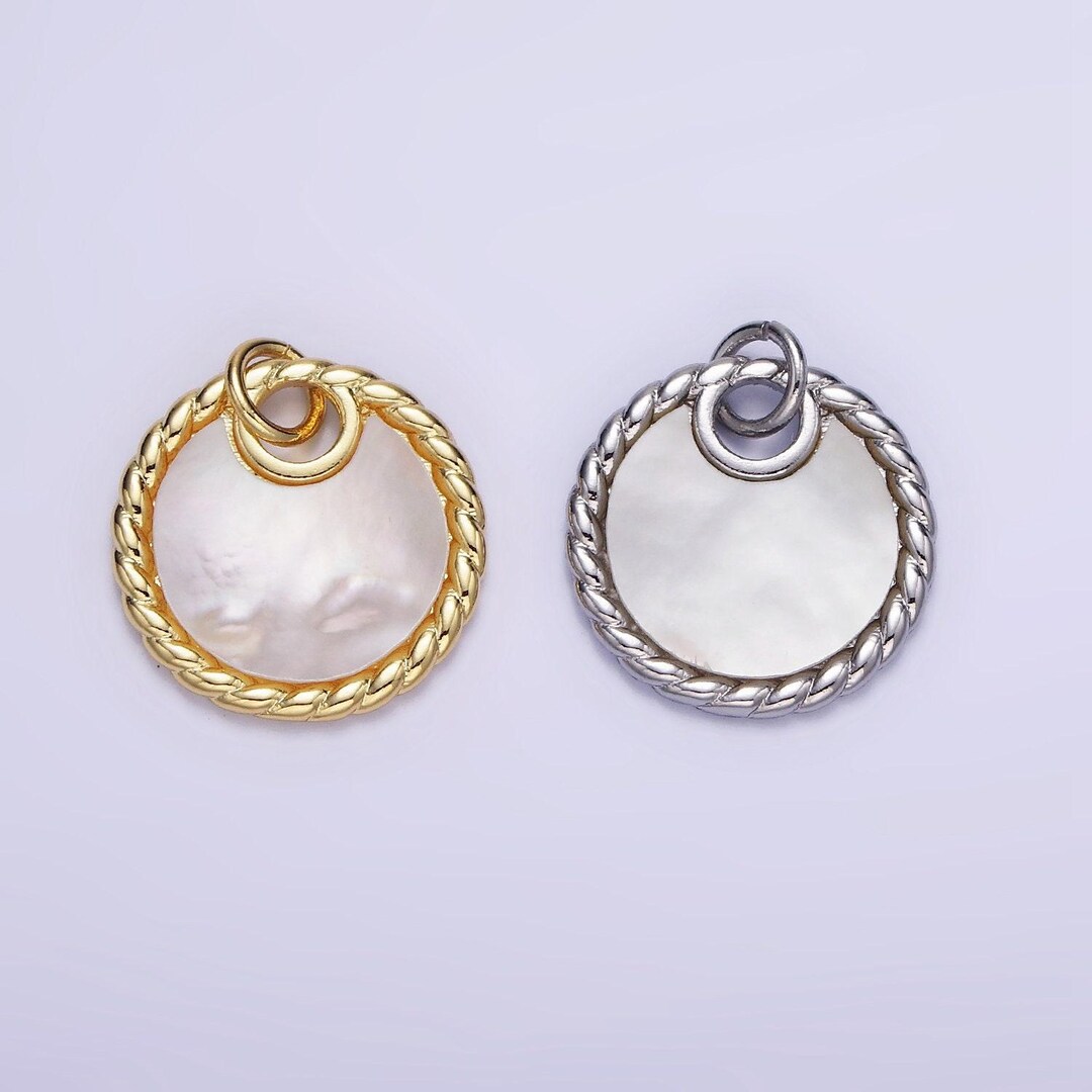 14k Gold Filled Twisted Edge Coin Charm With Shell Pearl Medallion ...