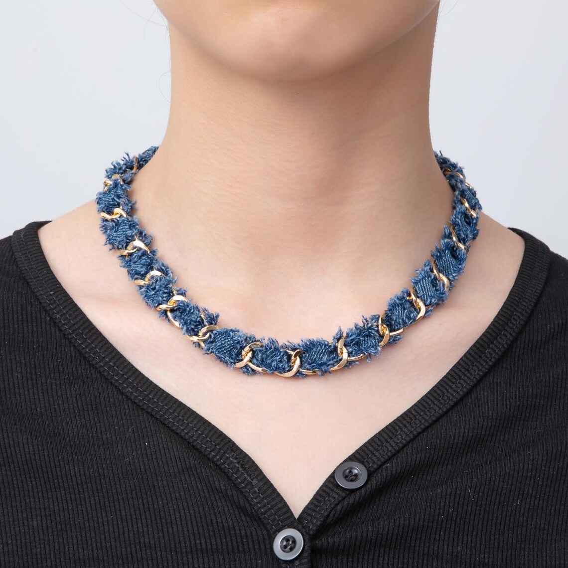 Gold Denim Jeans Fabric Scarf Necklace 16 Inch Choker Scarf Necklace ...