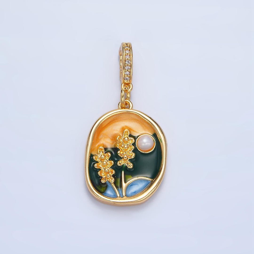 Floral Flower Pearl Painting 24k Gold Filled Abstract Circle Pendant ...
