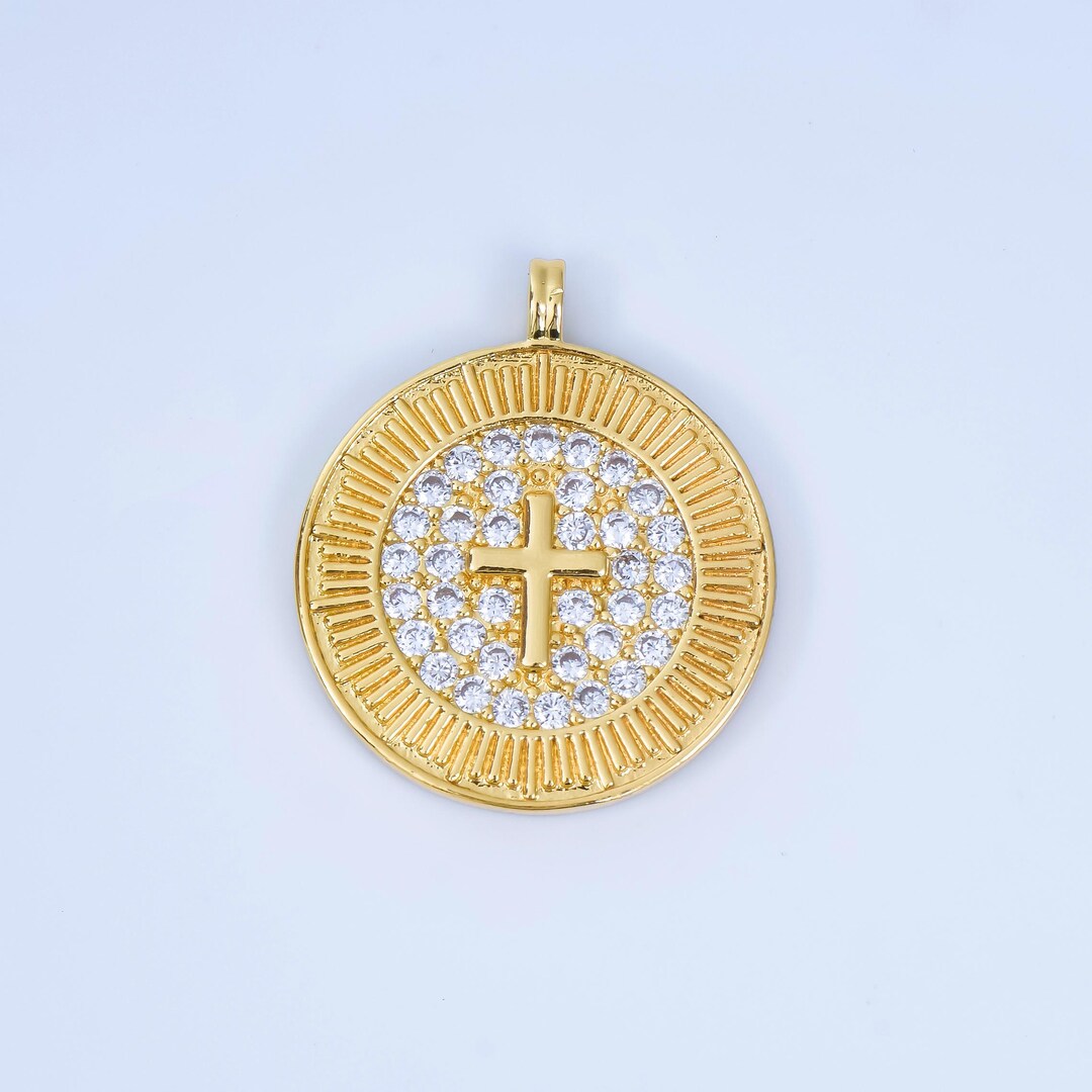 24K Gold Filled 25mm Religious Cross Micro Paved CZ Ribbed Round ...
