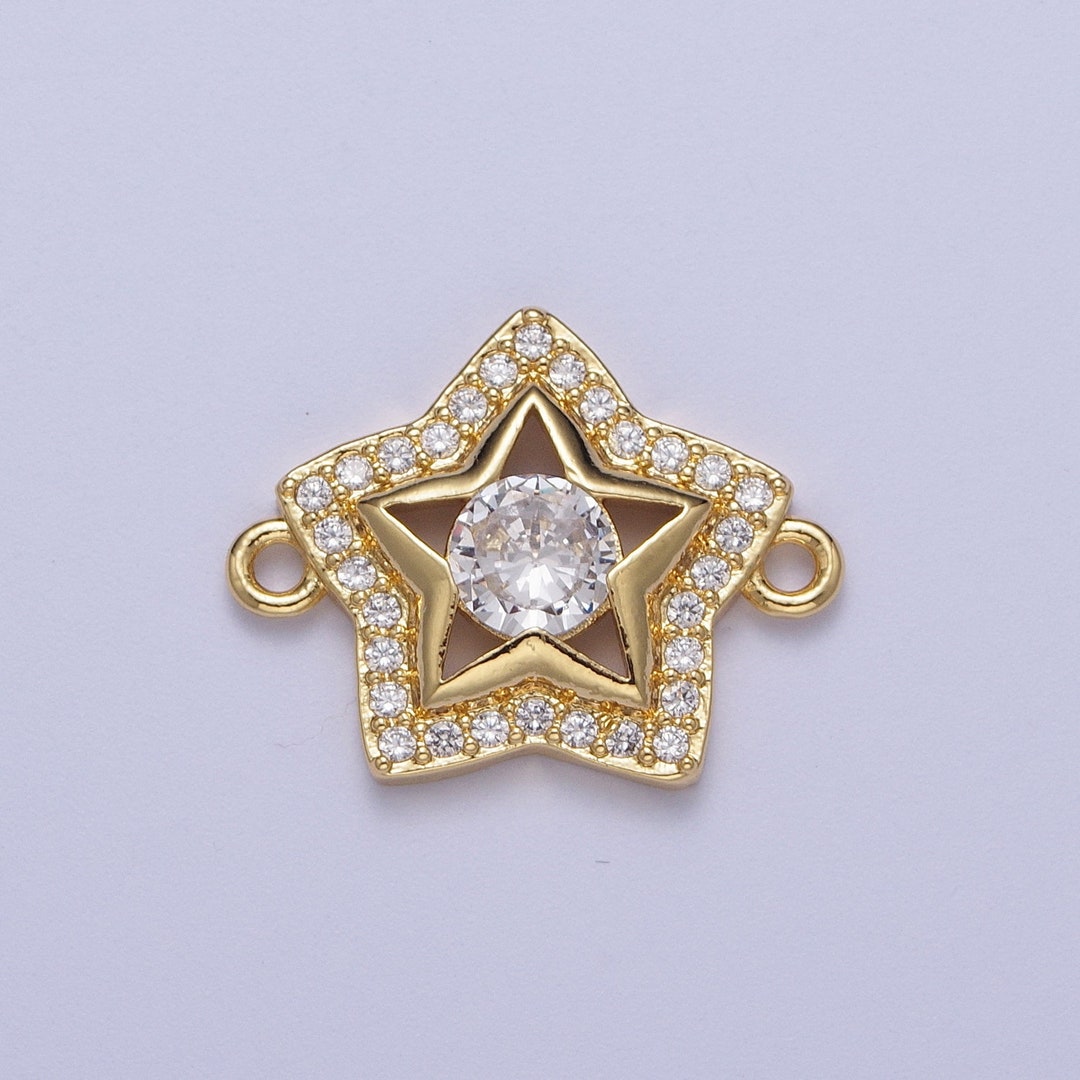 Dainty Gold CZ Star Charm Connector, 24K Gold Plated Clear Micro Paved ...