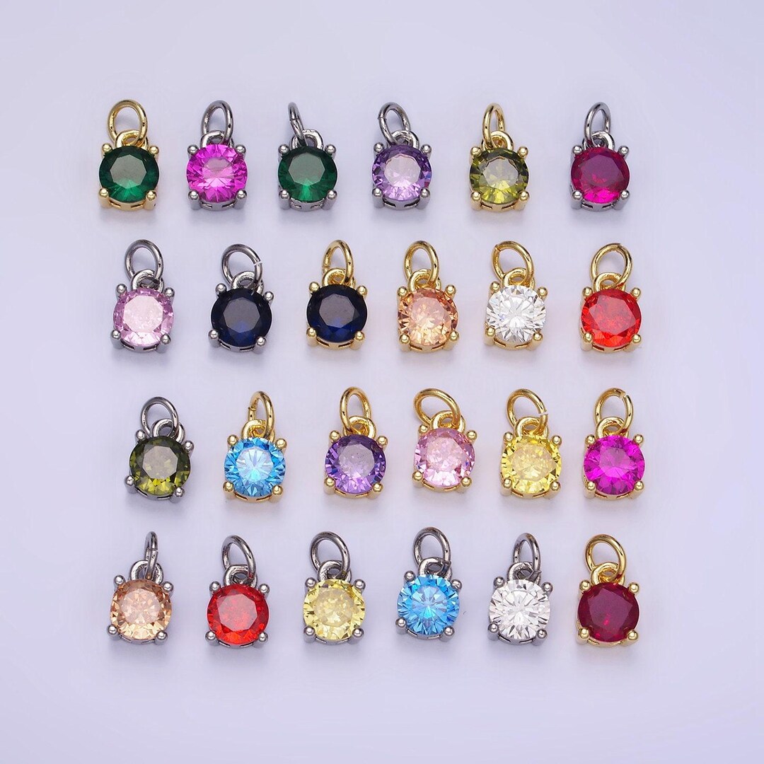 14k Gold Filled Round Birthstone Cz Solitaire Charm in Gold & Silver ...