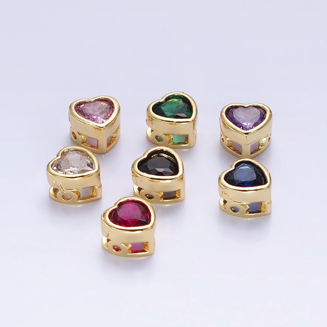 7mm Gold Plated Dainty CZ Heart Spacer Bead, Gold Geometric Spacer Beads CZ, Small Colorful ...