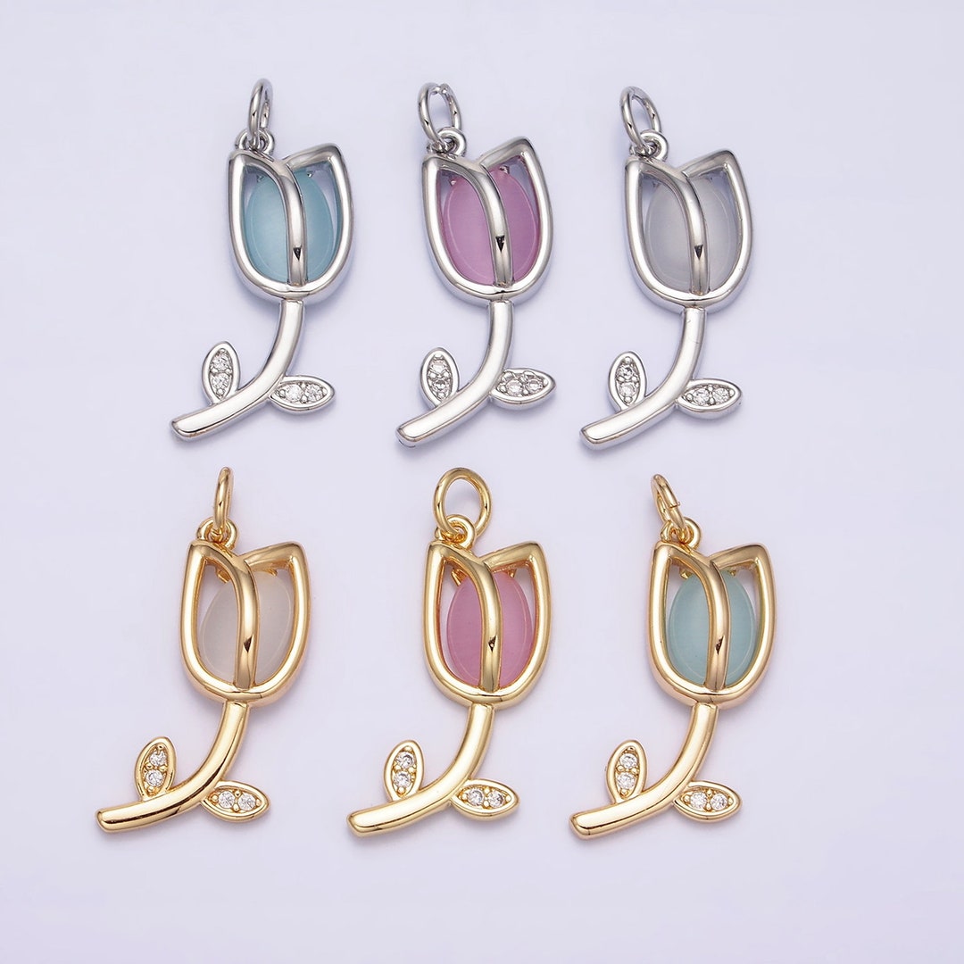 Mini Gold Tulip Charm CZ Silver Tulips Flower Buds Pendant Spring ...
