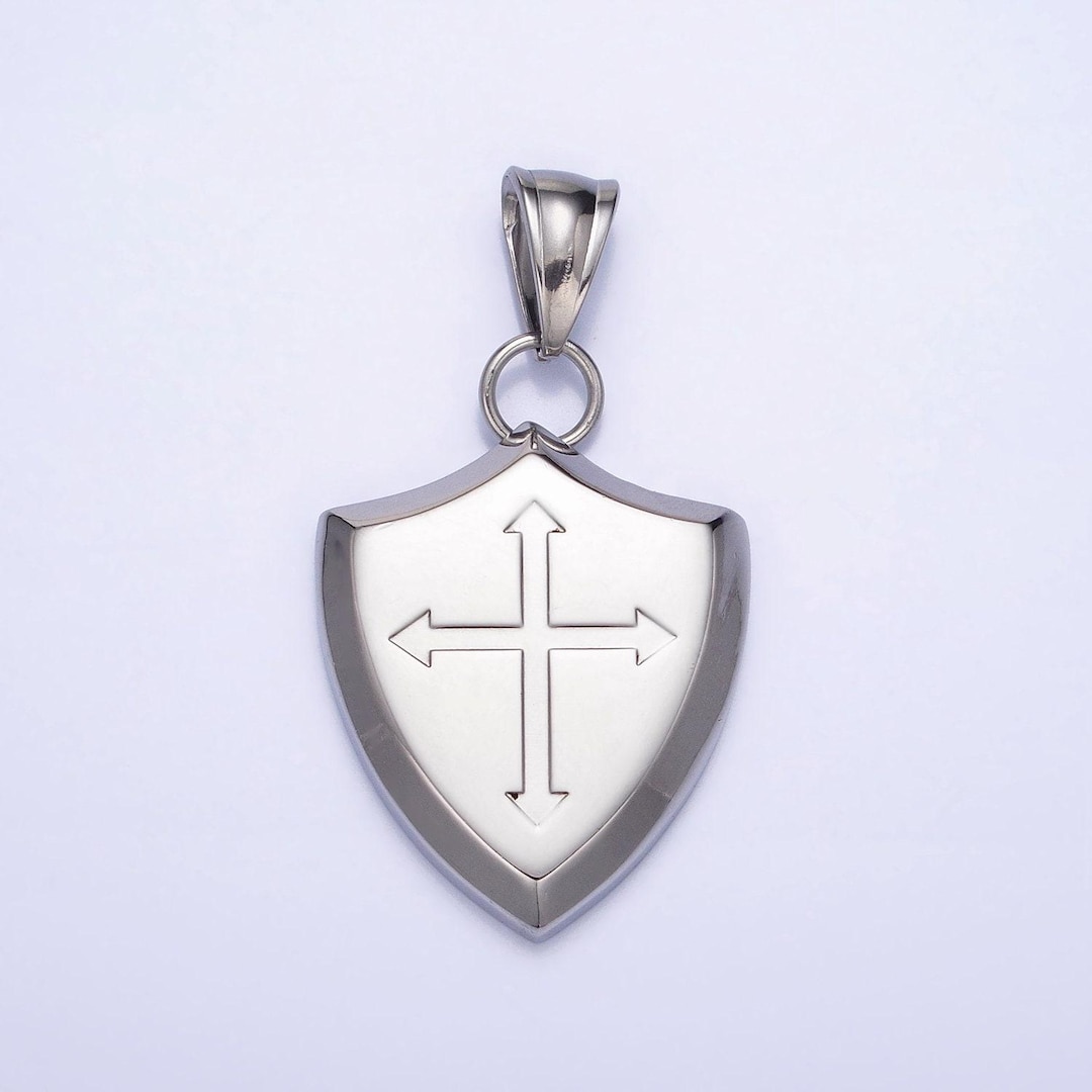 Men Shield Necklace Pendant Mens Cross Stainless Steel Shield of Faith ...
